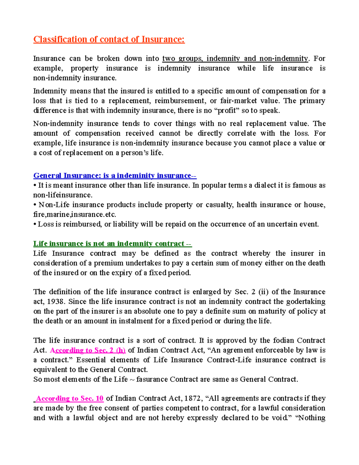 Classification of Insurance Contracts: Indemnity vs Non-Indemnity - Studocu