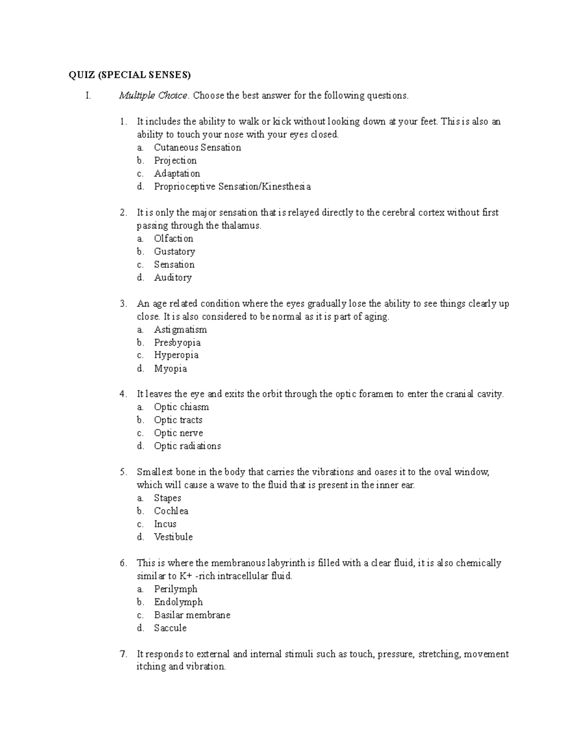 Special Senses QUIZ: Key Concepts and Question Breakdown - Studocu