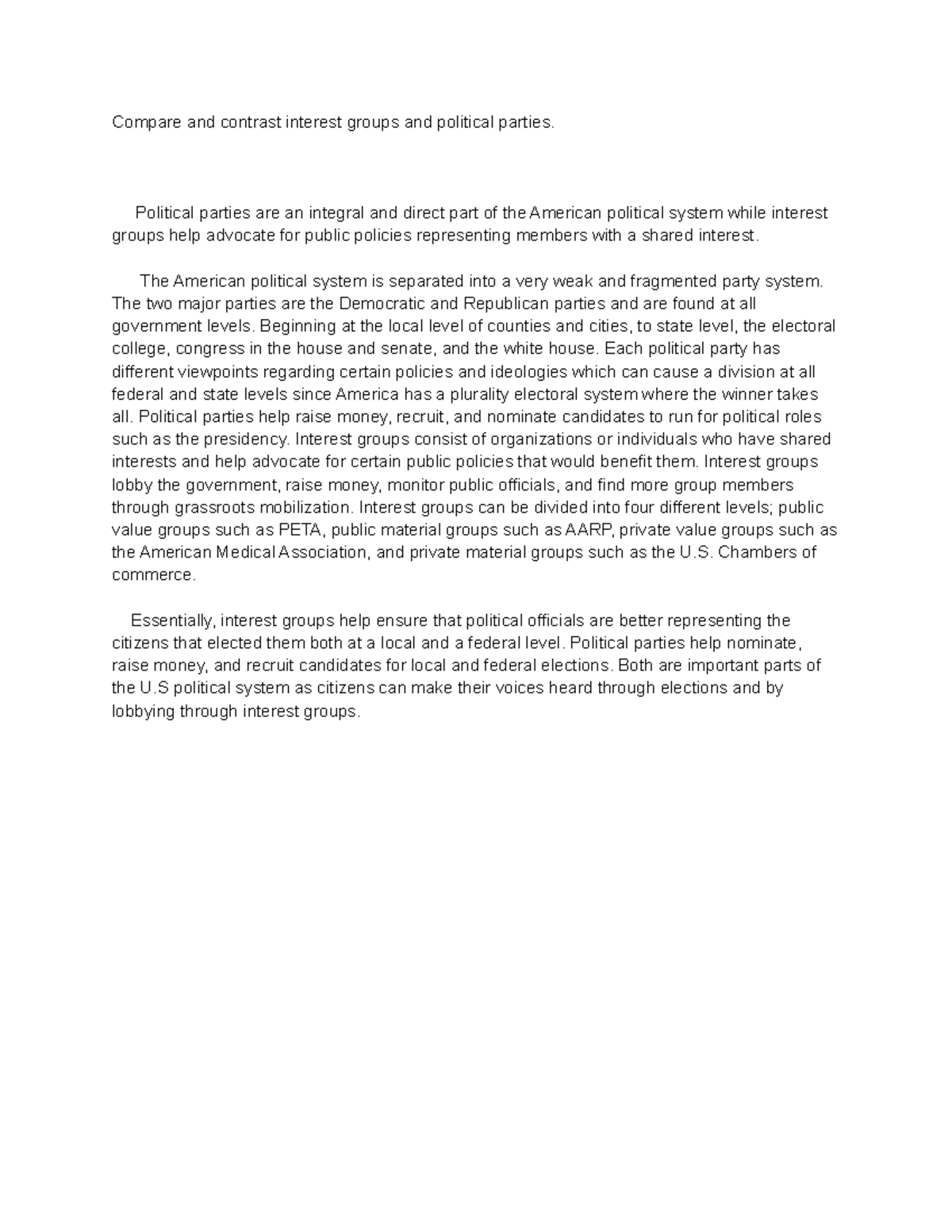 Compare and contrast interest groups and political parties. - Political ...