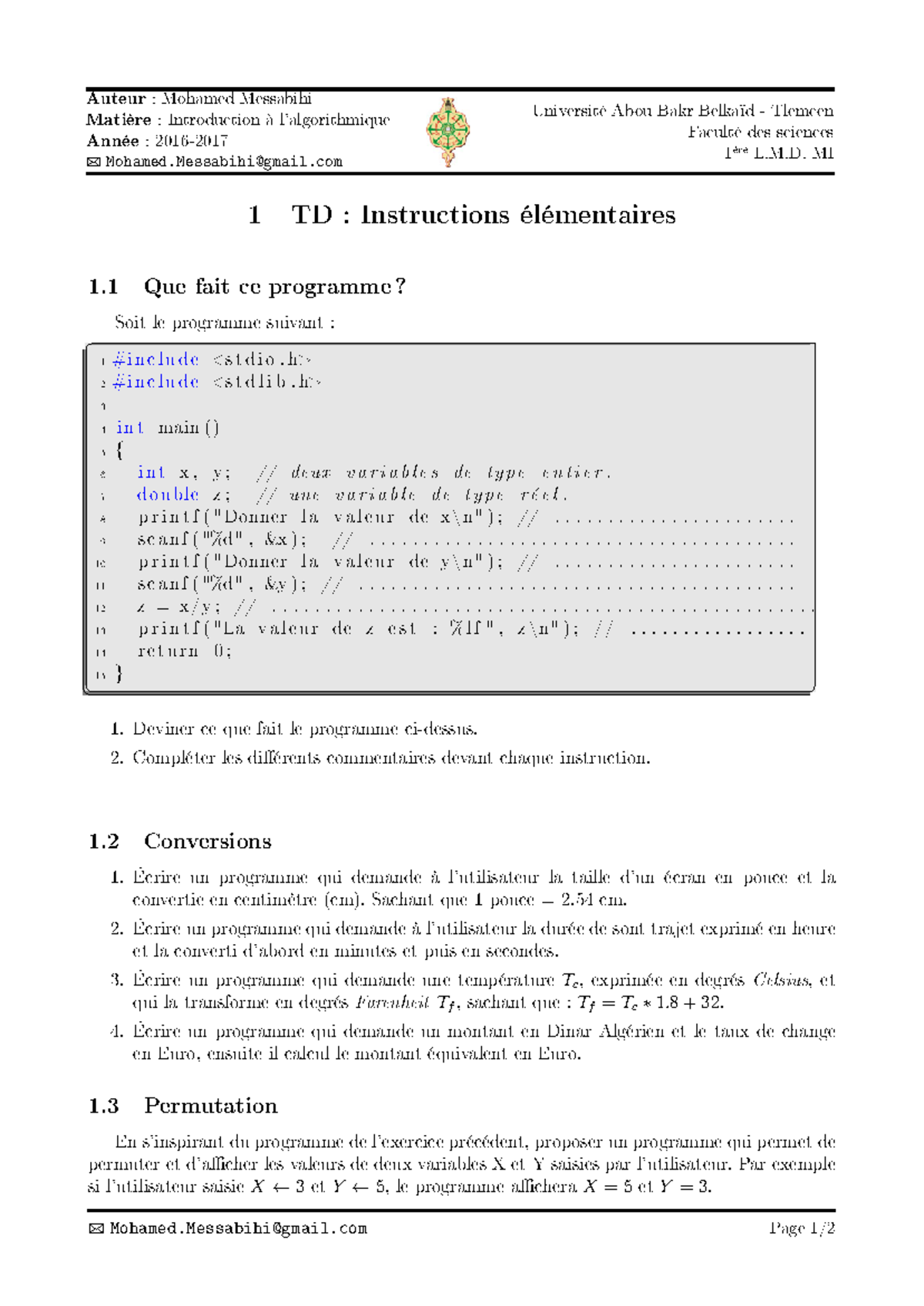 TD 1 - Introduction à la Programmation en C - Mohamed Messabihi - Studocu
