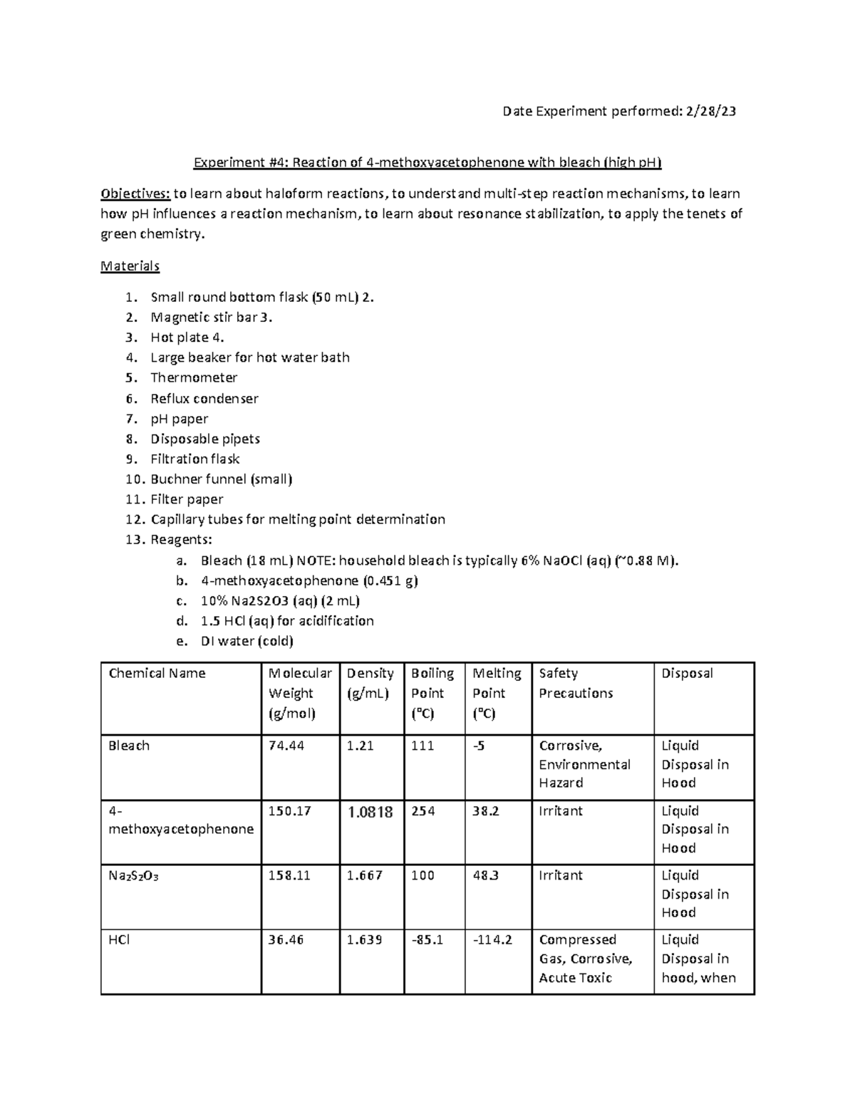 OChem 2 Lab 4 Postlab - Most Recent Lab Work - Date Experiment performed: 2/28/ Experiment #4 ...