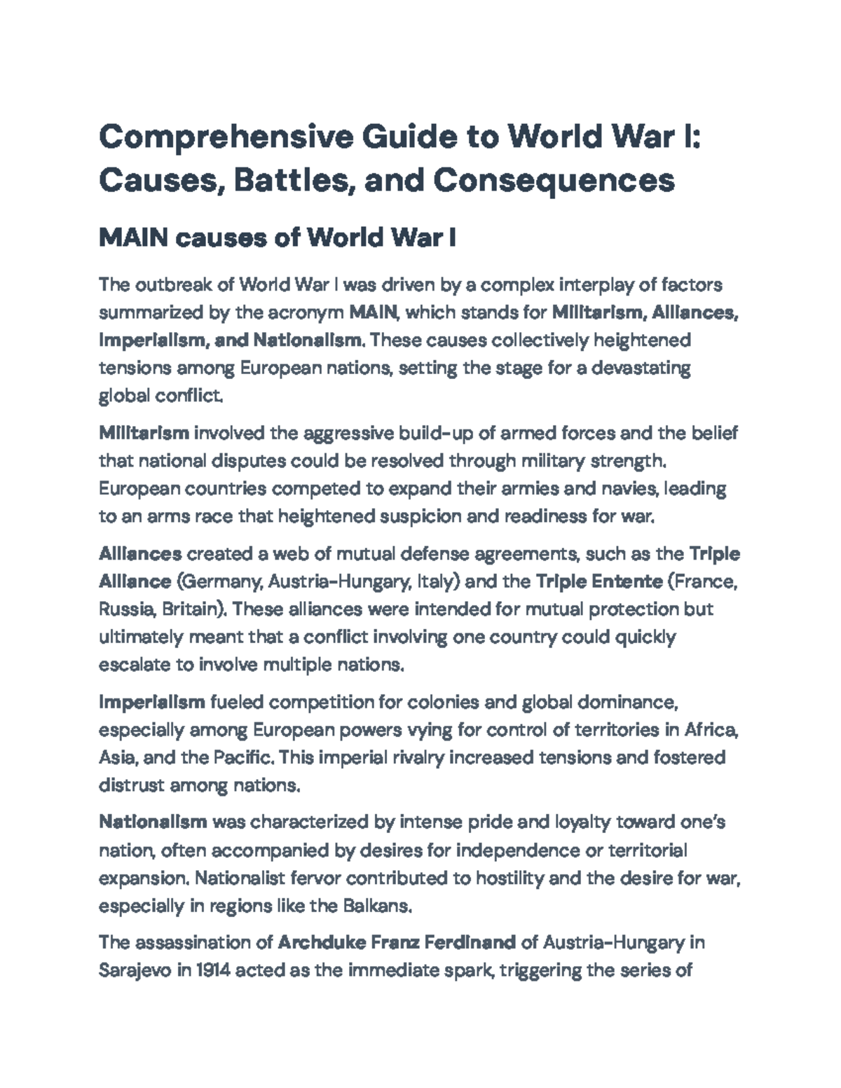Comprehensive Overview of WWI: MAIN Causes, Alliances, and Impact - Studocu
