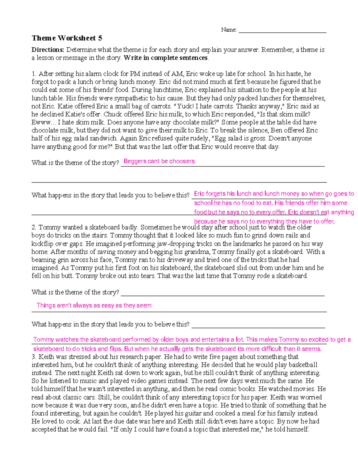 Theme Worksheet 5 - Evaluating Story Themes and Lessons - Studocu