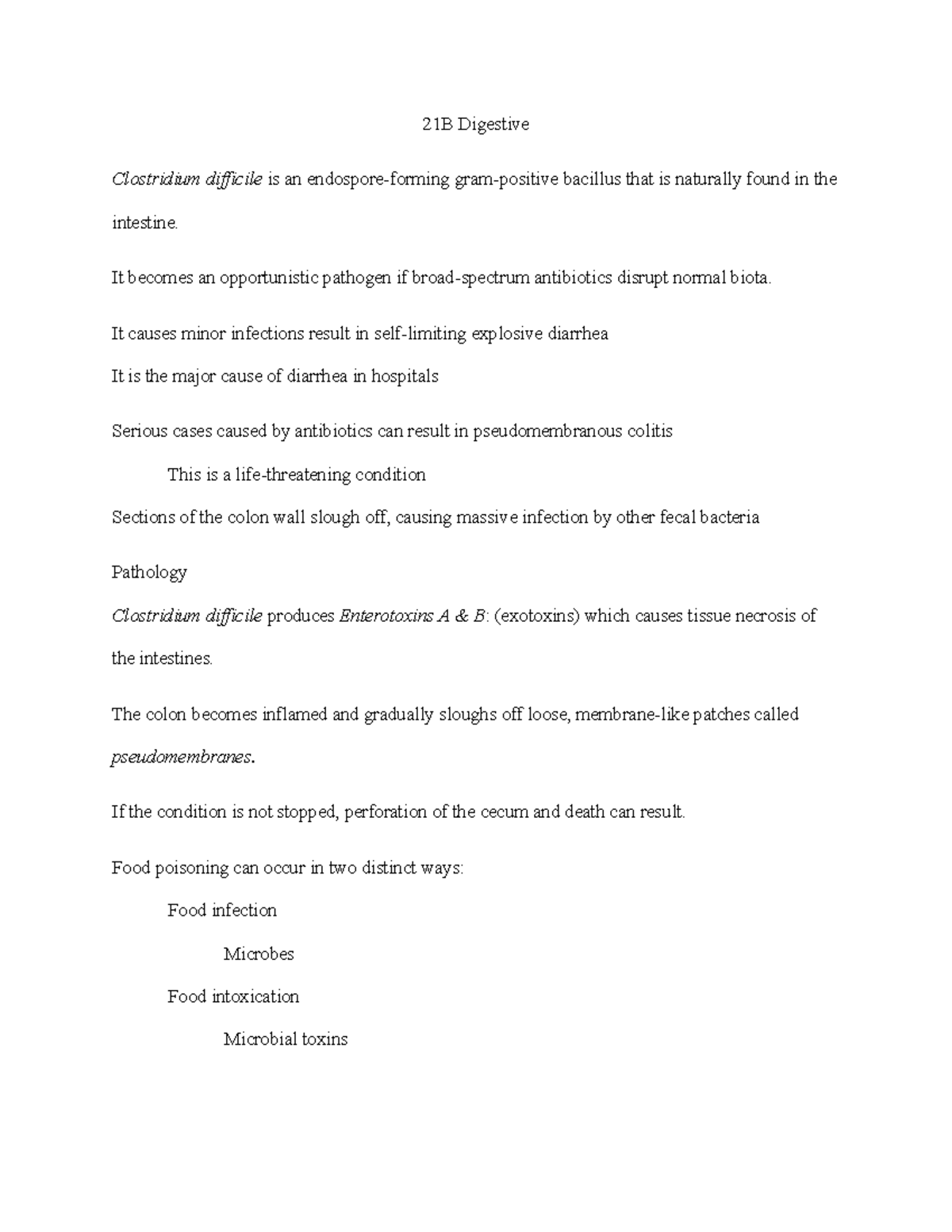 21B Lecture Notes on Clostridium difficile and Foodborne Illnesses ...