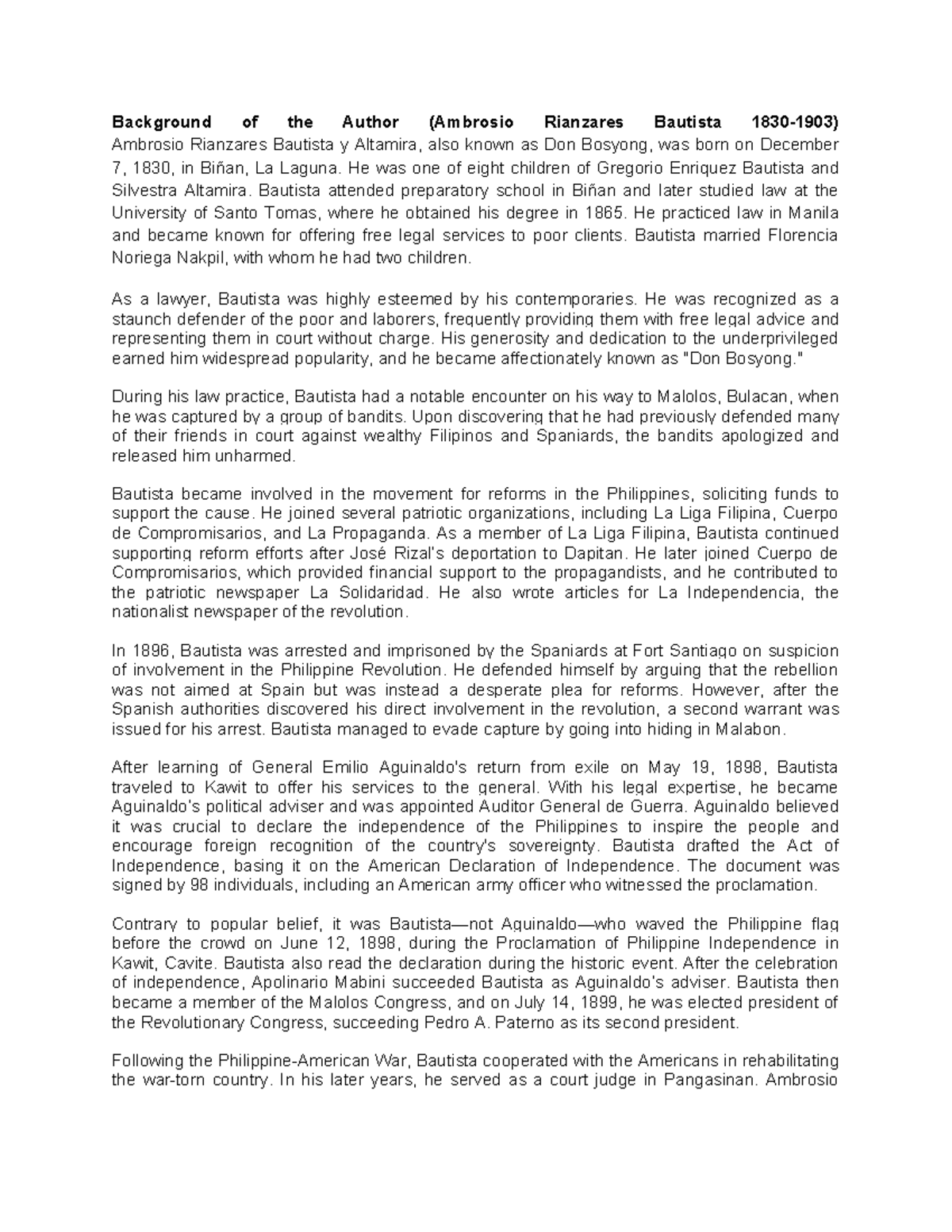 Ambrosio Rianzares Bautista: A Study of His Life and Legacy - Studocu