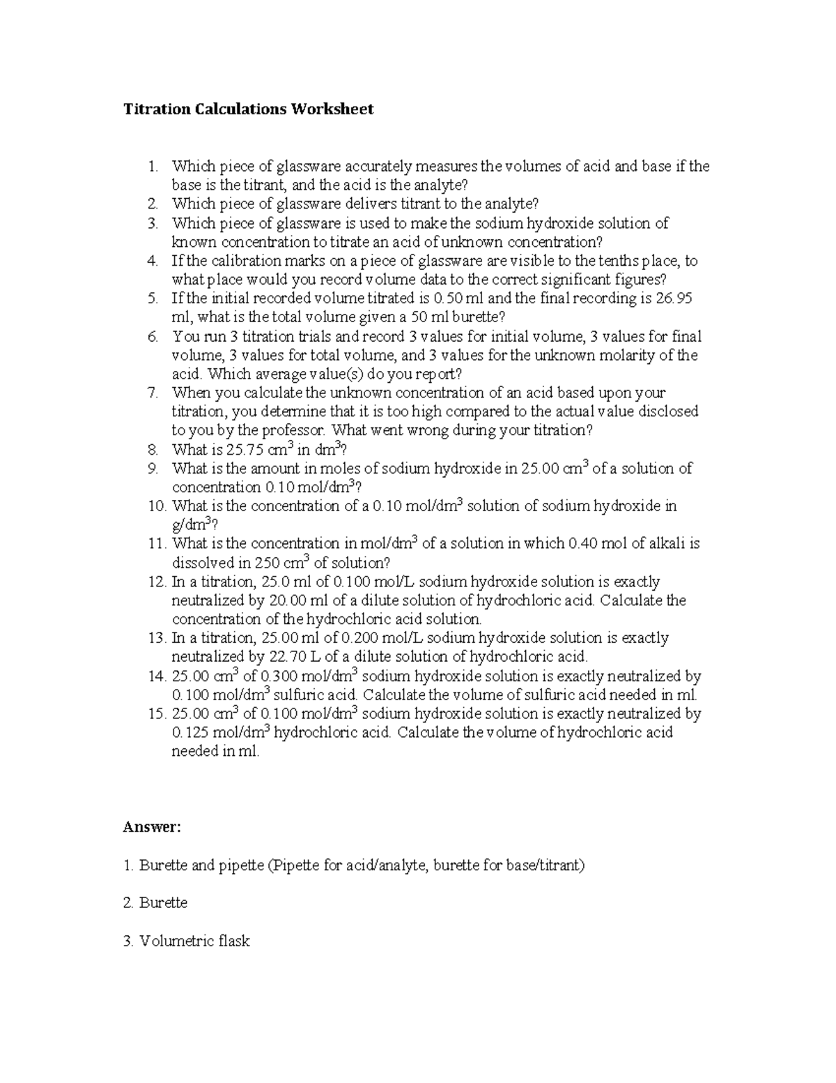 Titration Calculations Worksheet for Chem 101 Lab Sessions - Studocu