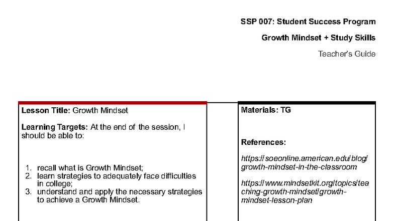 SSP 007: Growth Mindset Study Skills Guide Lesson Plan - Studocu