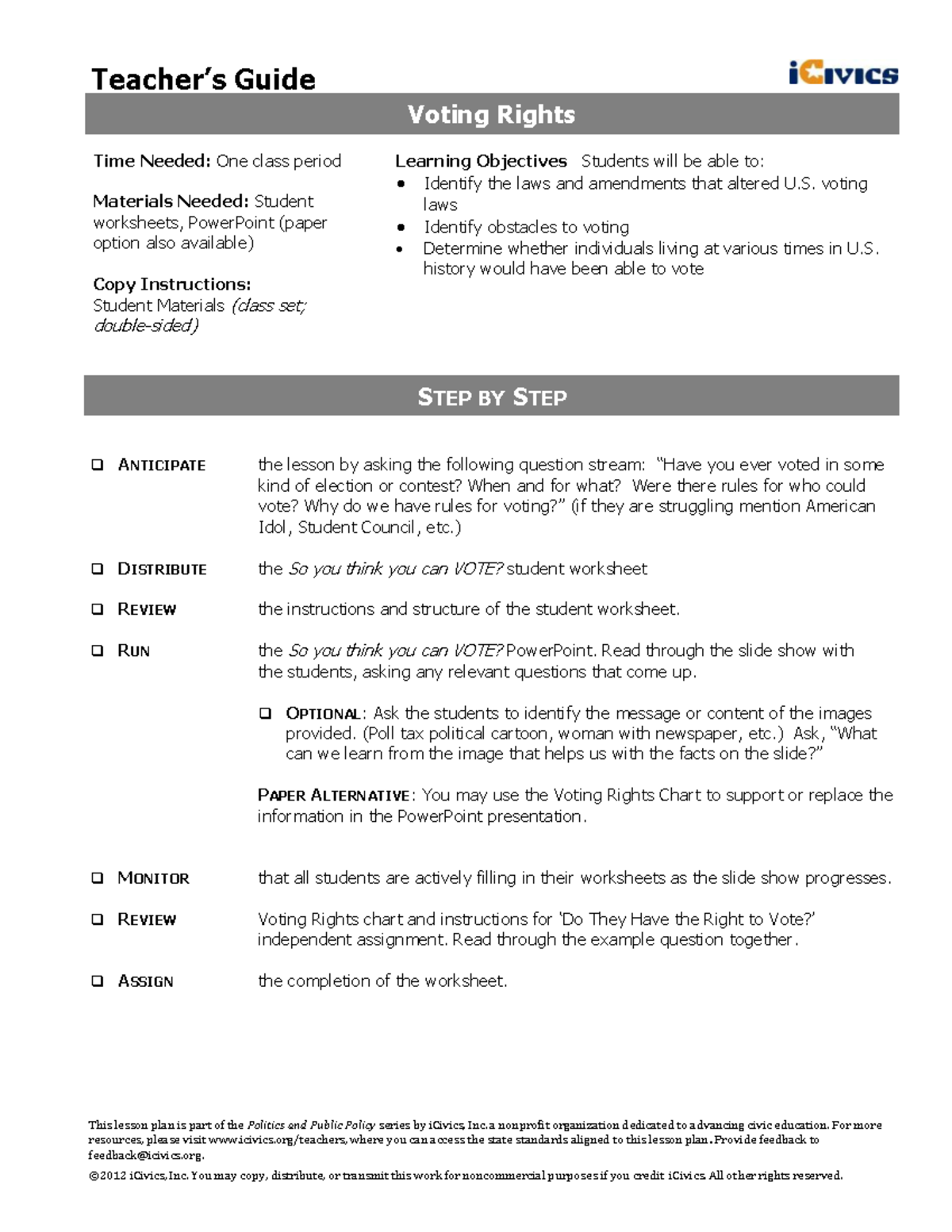 Voting Rights Lesson Plan: Understanding U.S. Voting History - Studocu