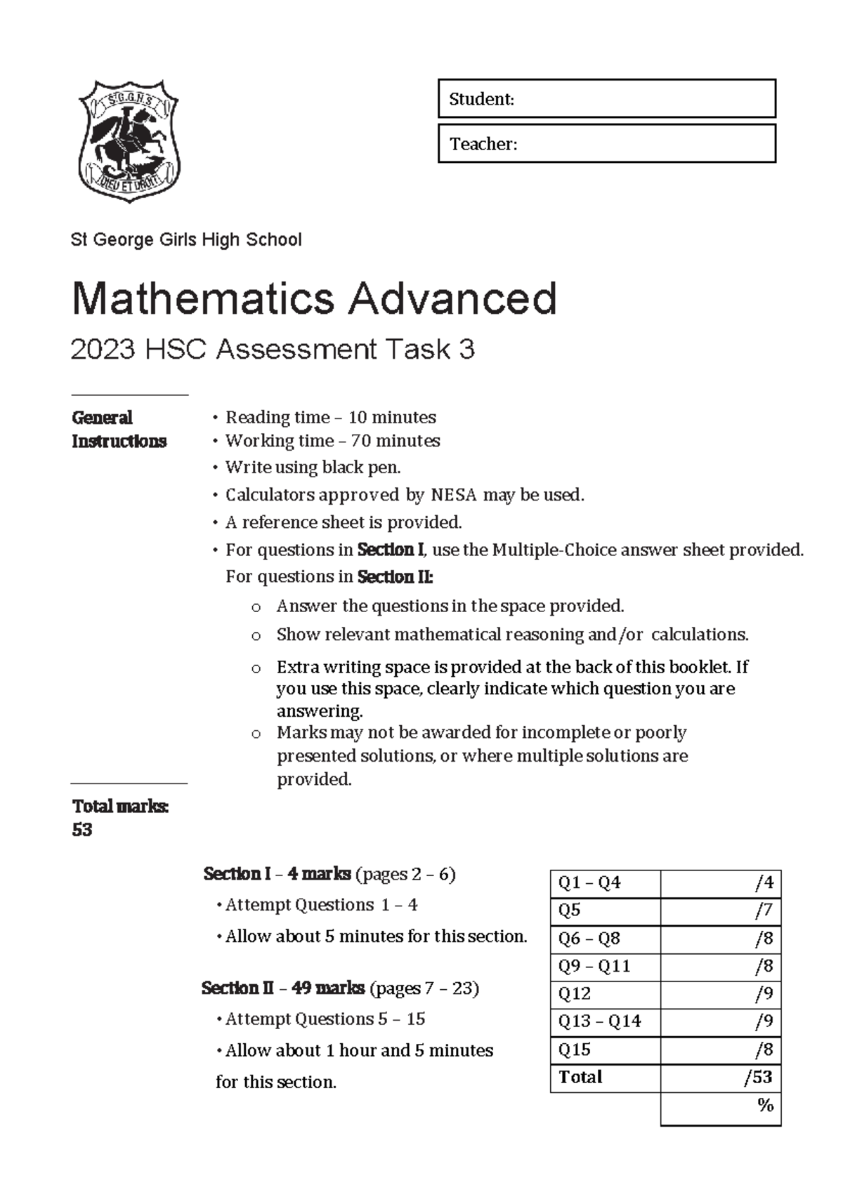 2023 HSC Year 12 Mathematics Advanced AT3 Assessment Task Summary - Studocu