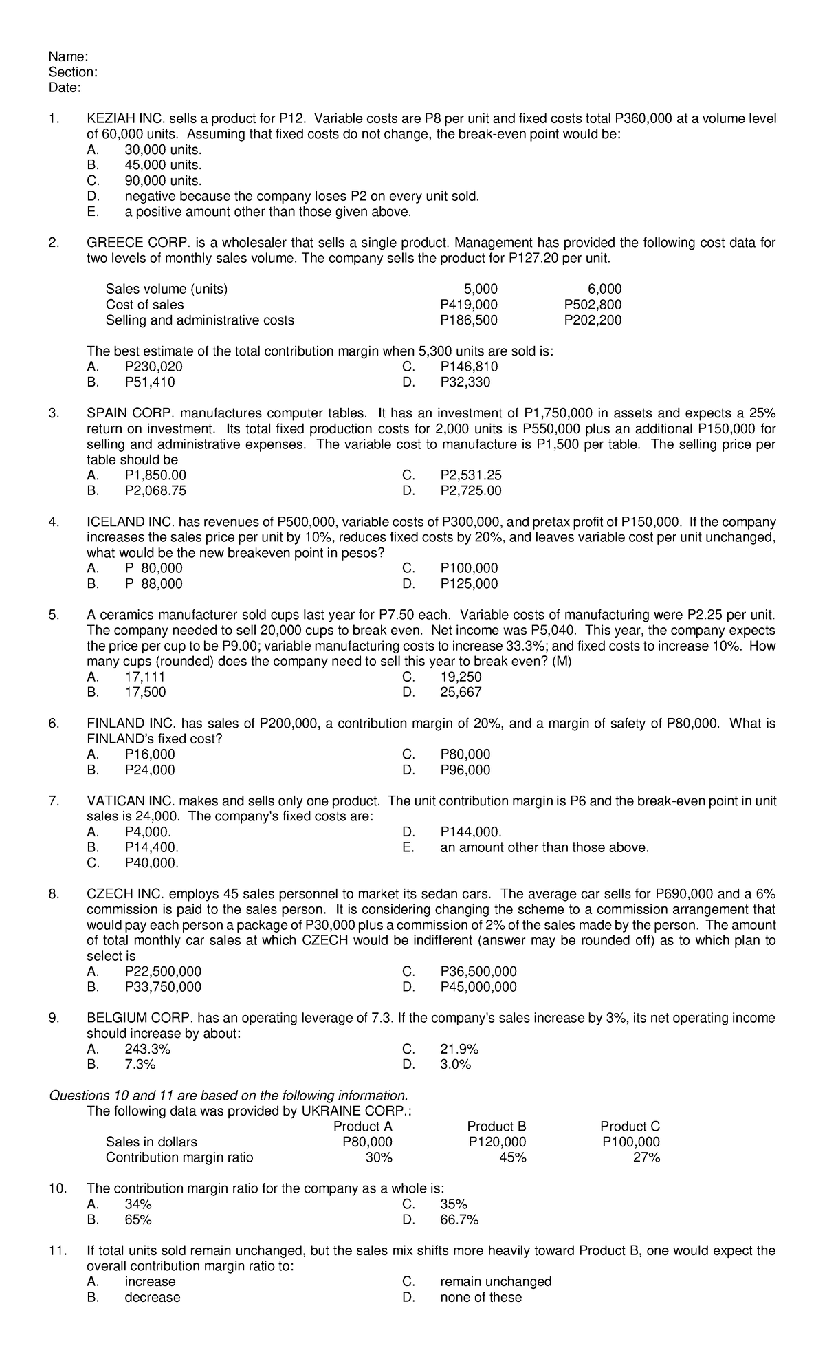 QUIZ CVP - Practice Questions and Solutions - Studocu