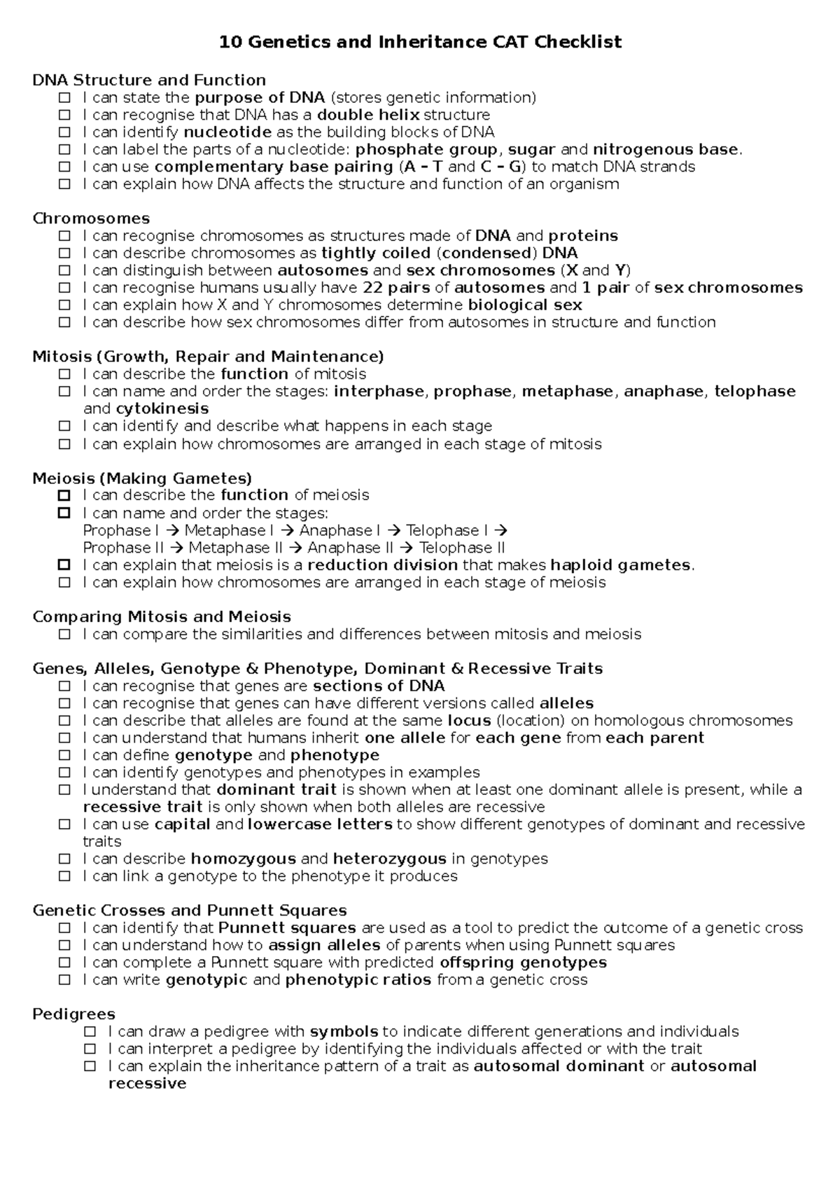 10 26 Genetics and Inheritance CAT Study Guide: DNA & Chromosomes - Studocu