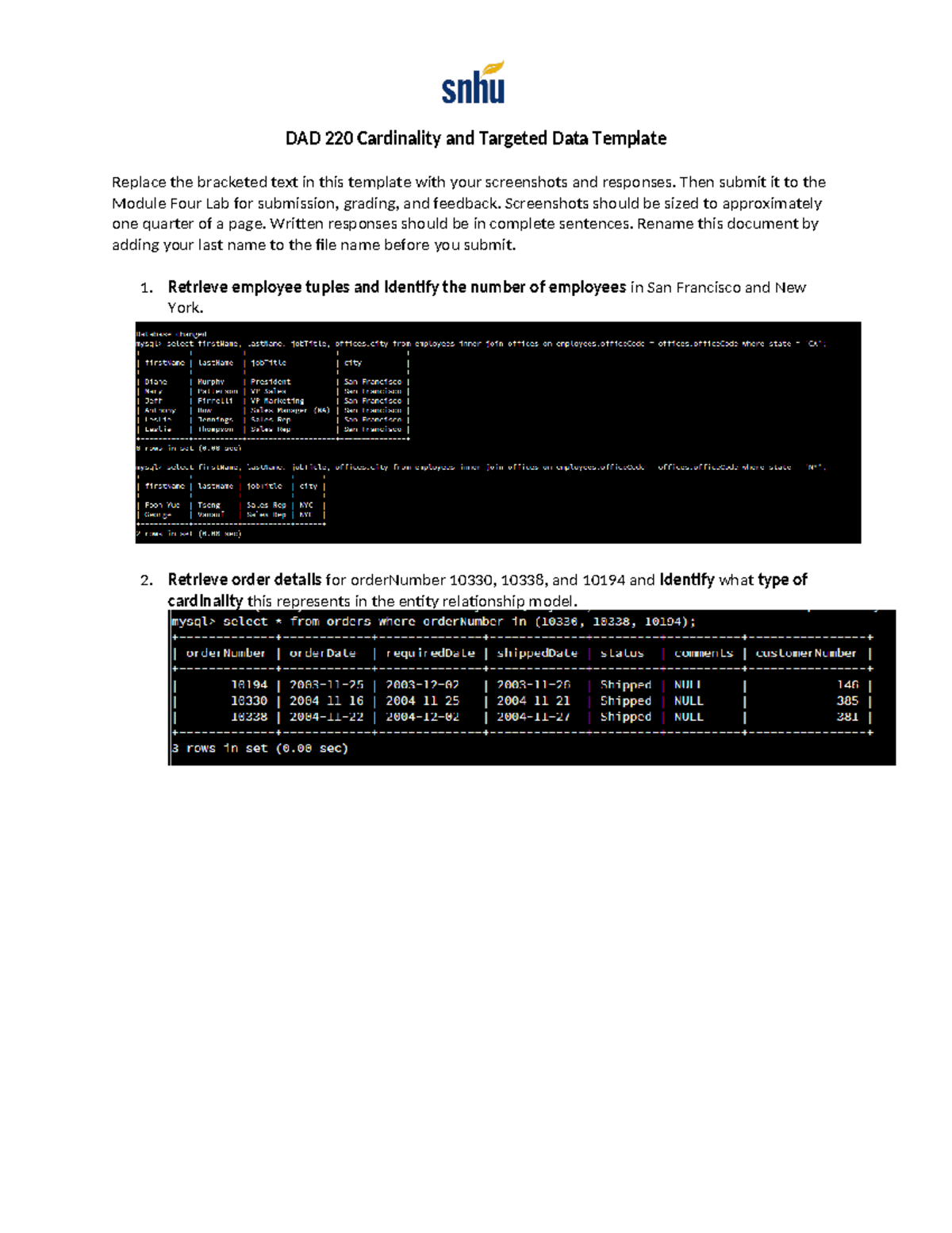 DAD 220 Module 4 Lab: Cardinality and Data Template Analysis - Studocu