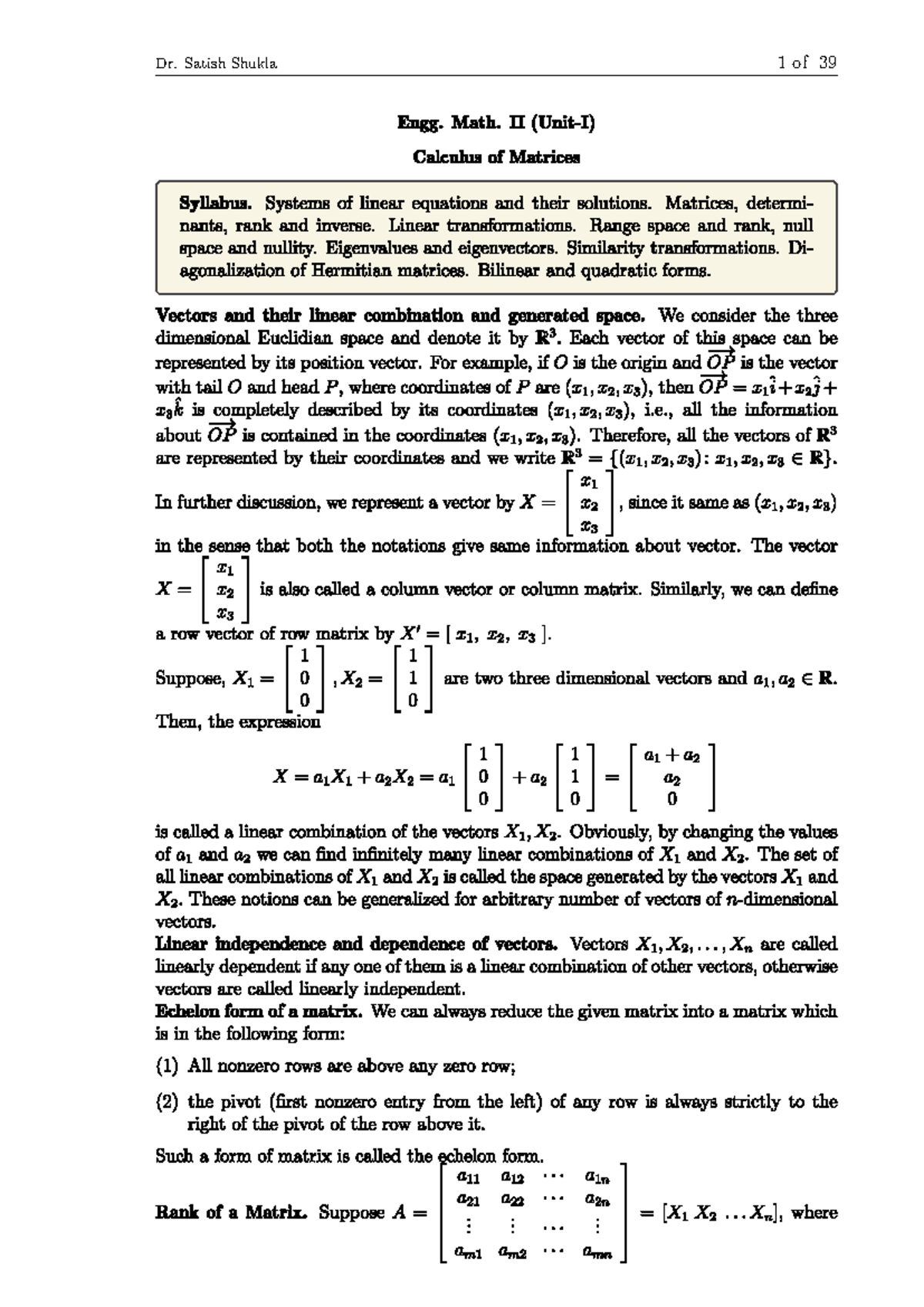 M2 Unit-I Engg. Math. II: Calculus of Matrices Syllabus - Studocu