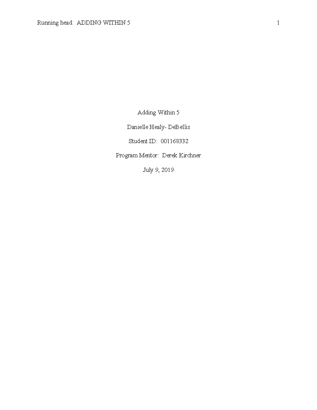 Adding Within 5: Instructional Unit for Kindergarten Math (EDU 101 ...