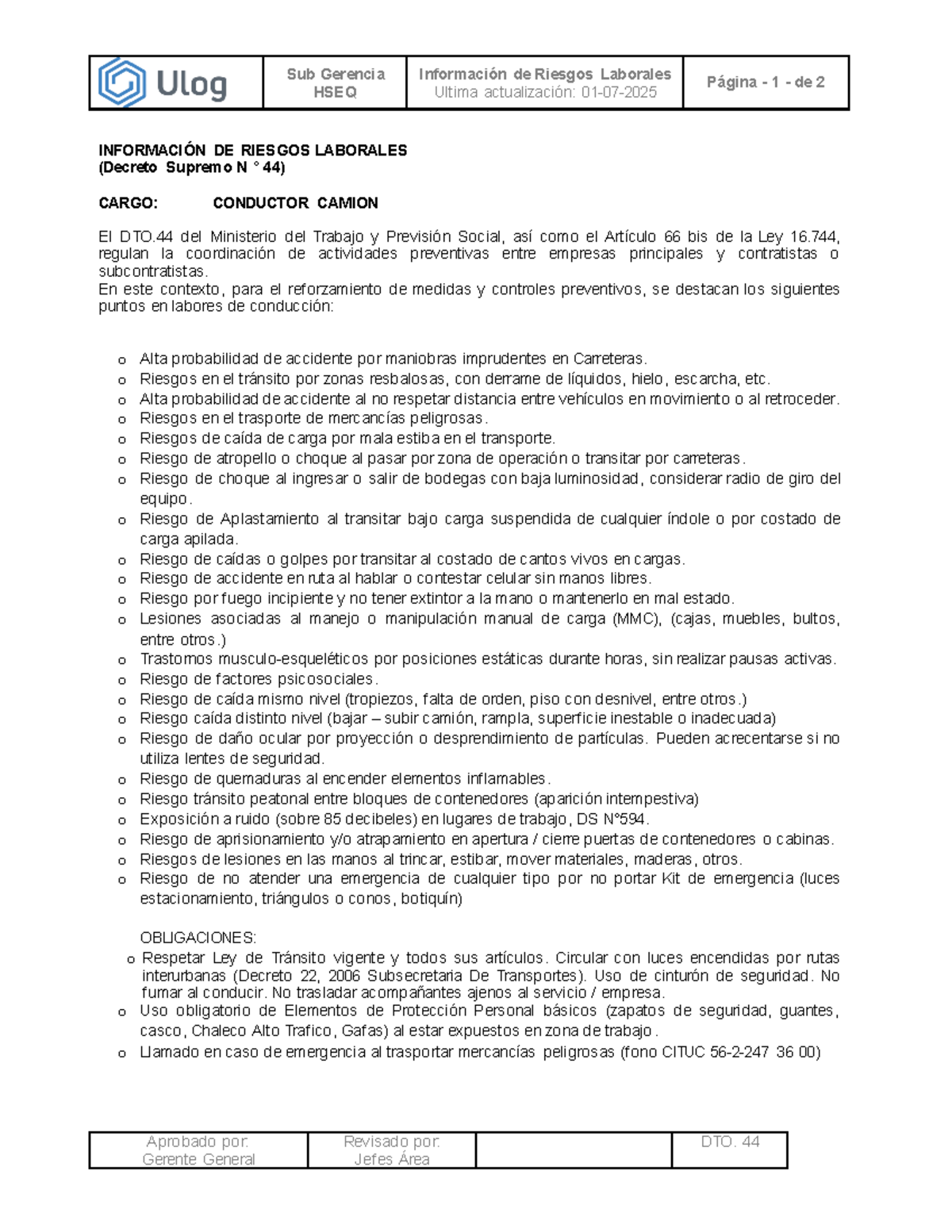 IRL ULOG para Conductores: Riesgos Laborales y Obligaciones - Studocu