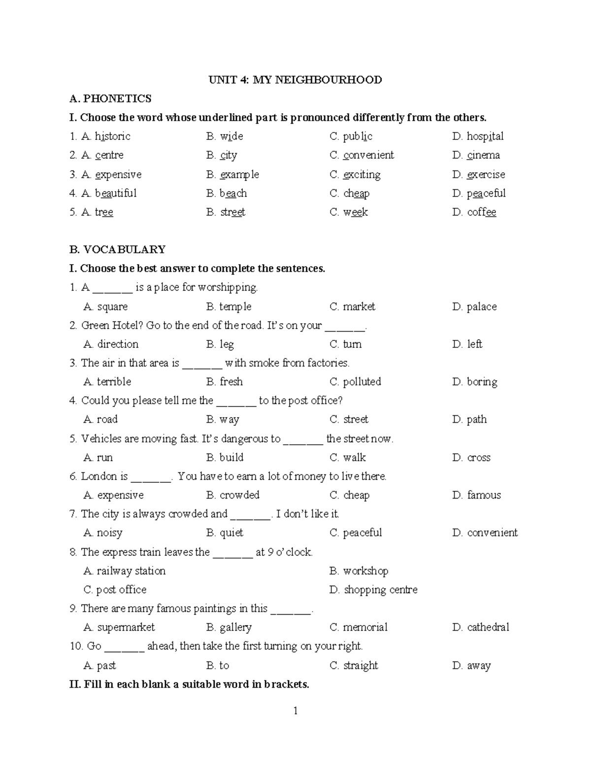 Lớp 6: Unit 4 - My Neighbourhood Phonetics, Vocabulary, Grammar ...