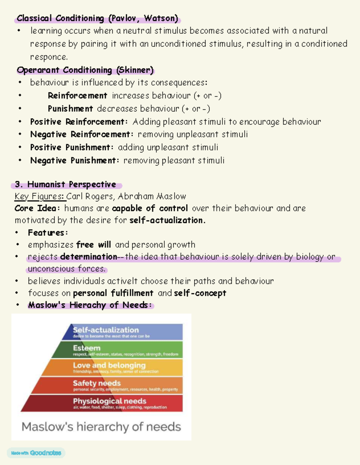 Chapter 1 Notes: Classical & Operant Conditioning, Humanist Perspective ...