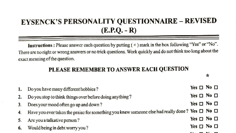 EPQ-R - Revised Personality Questionnaire Instructions - Studocu