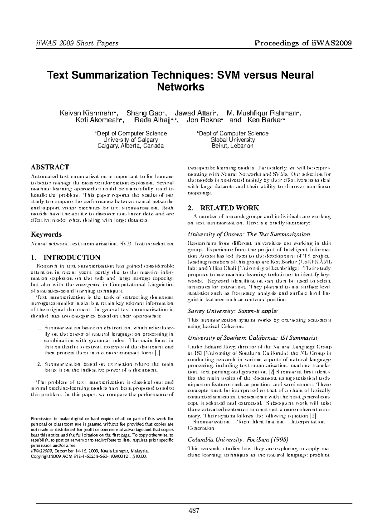 iiWAS2009: Comparing SVM and Neural Networks for Text Summarization ...