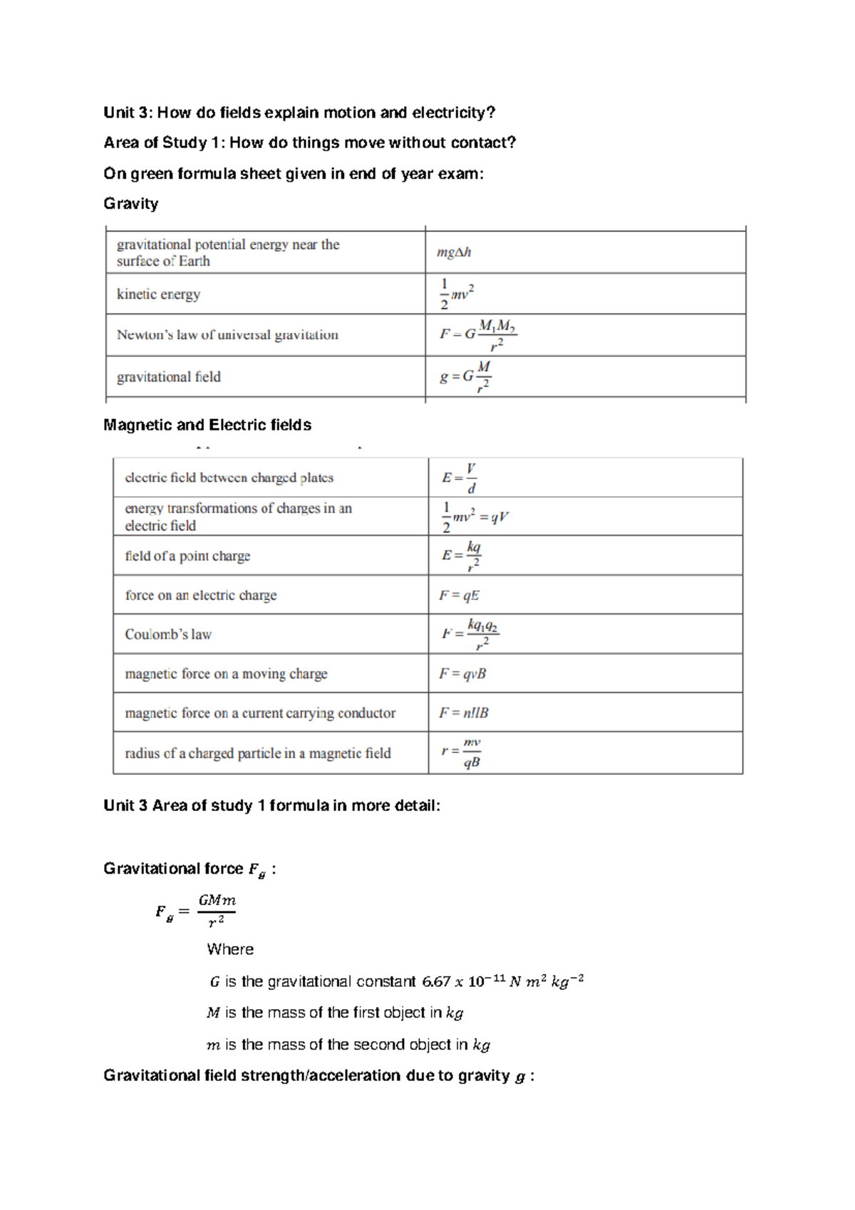 Ao S 2: Motion and Electricity Formulas for Final Exam - Unit 3: How do ...