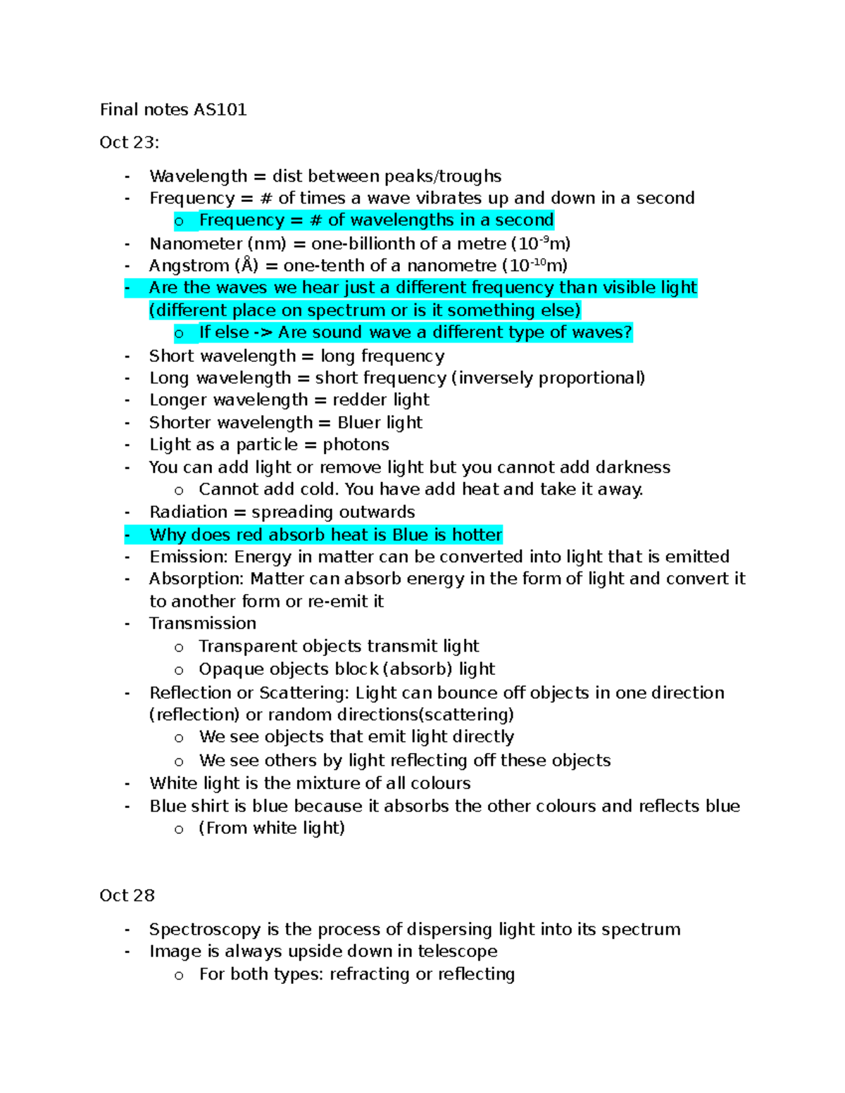 Final Exam Notes AS101: Understanding Wavelengths and Light - Studocu