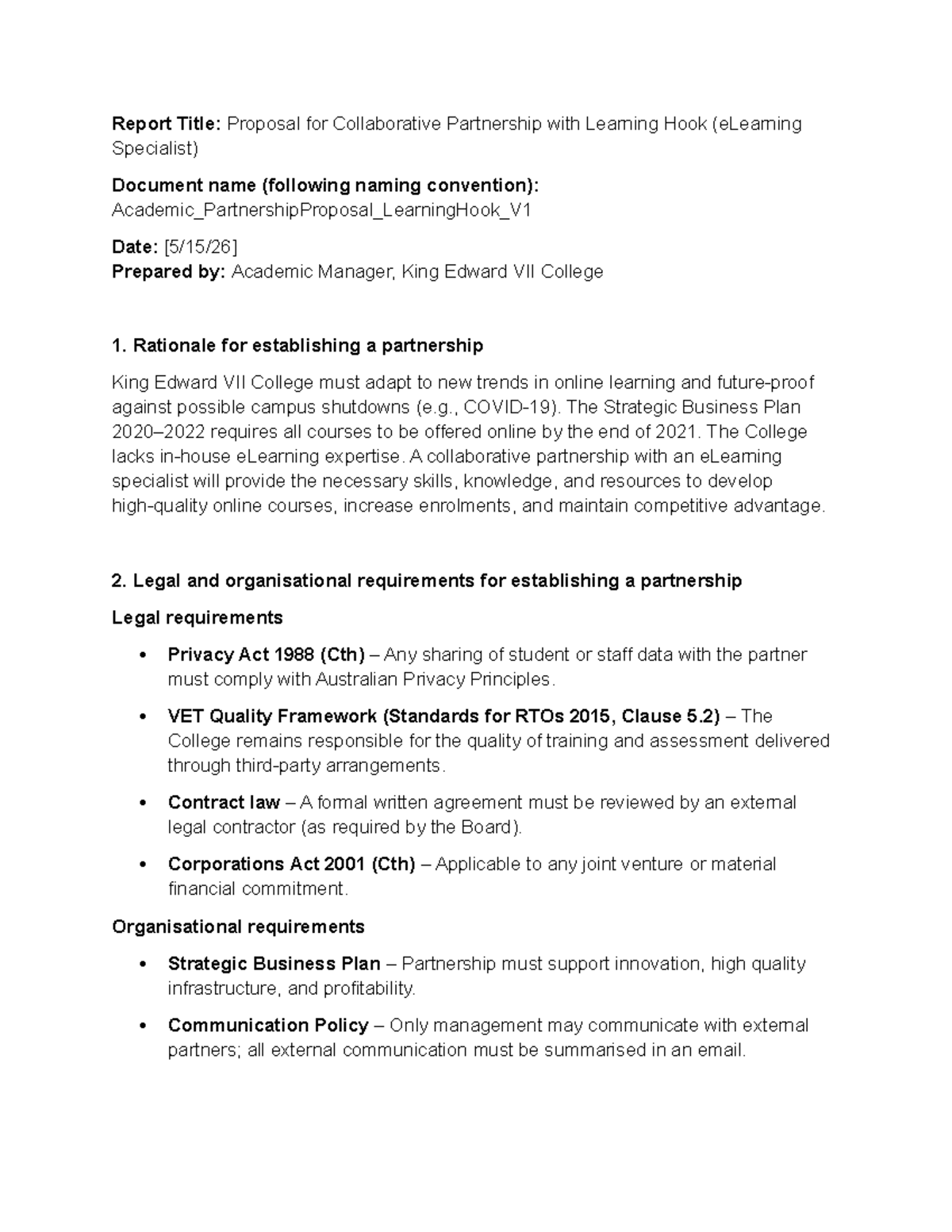 Academic Partnership Proposal with Learning Hook (V1) - Studocu