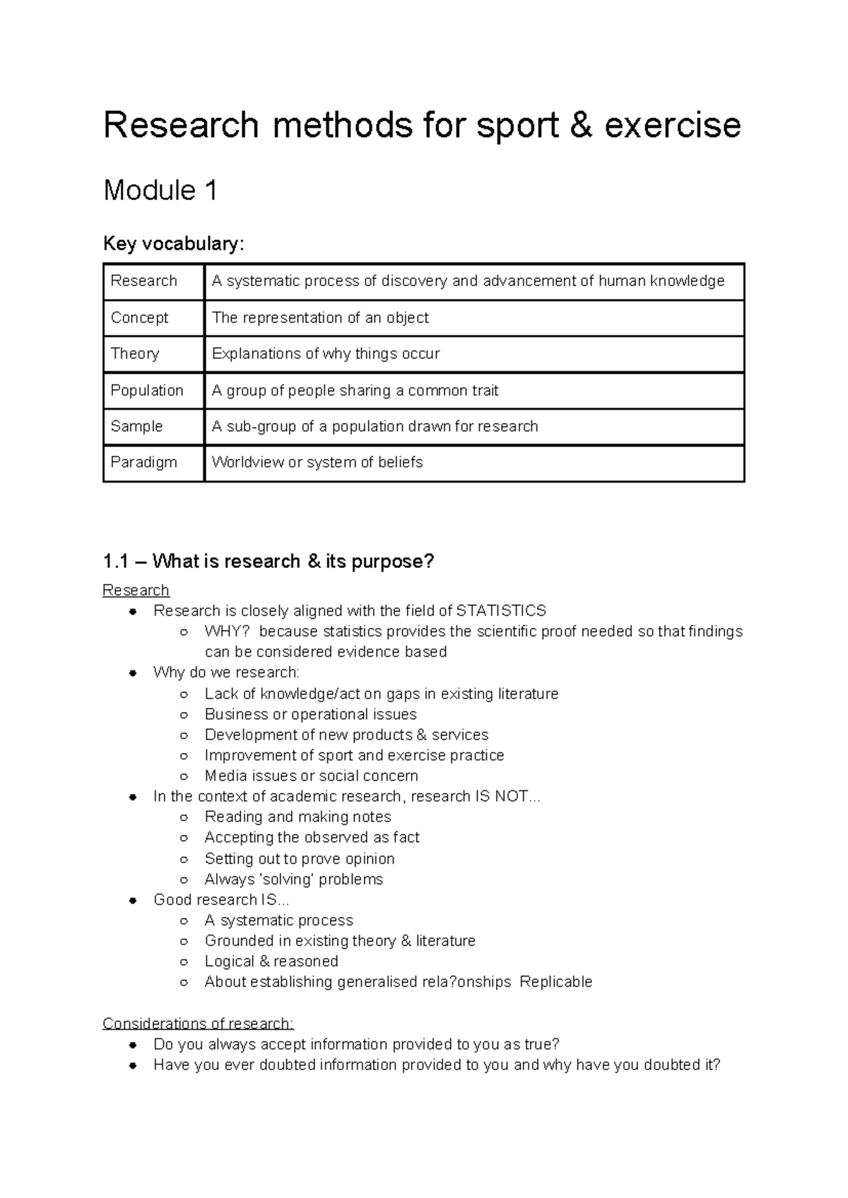 Research Methods in Sport & Exercise: Module 1 Vocabulary & Concepts ...