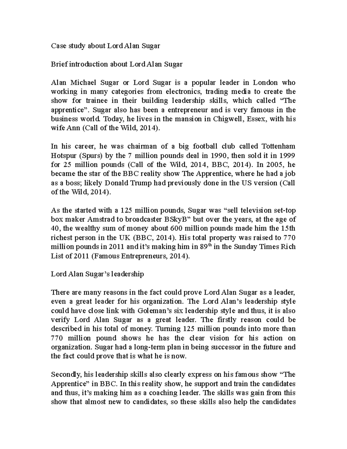 Case Study: Leadership Analysis of Lord Alan Sugar's Style - Studocu