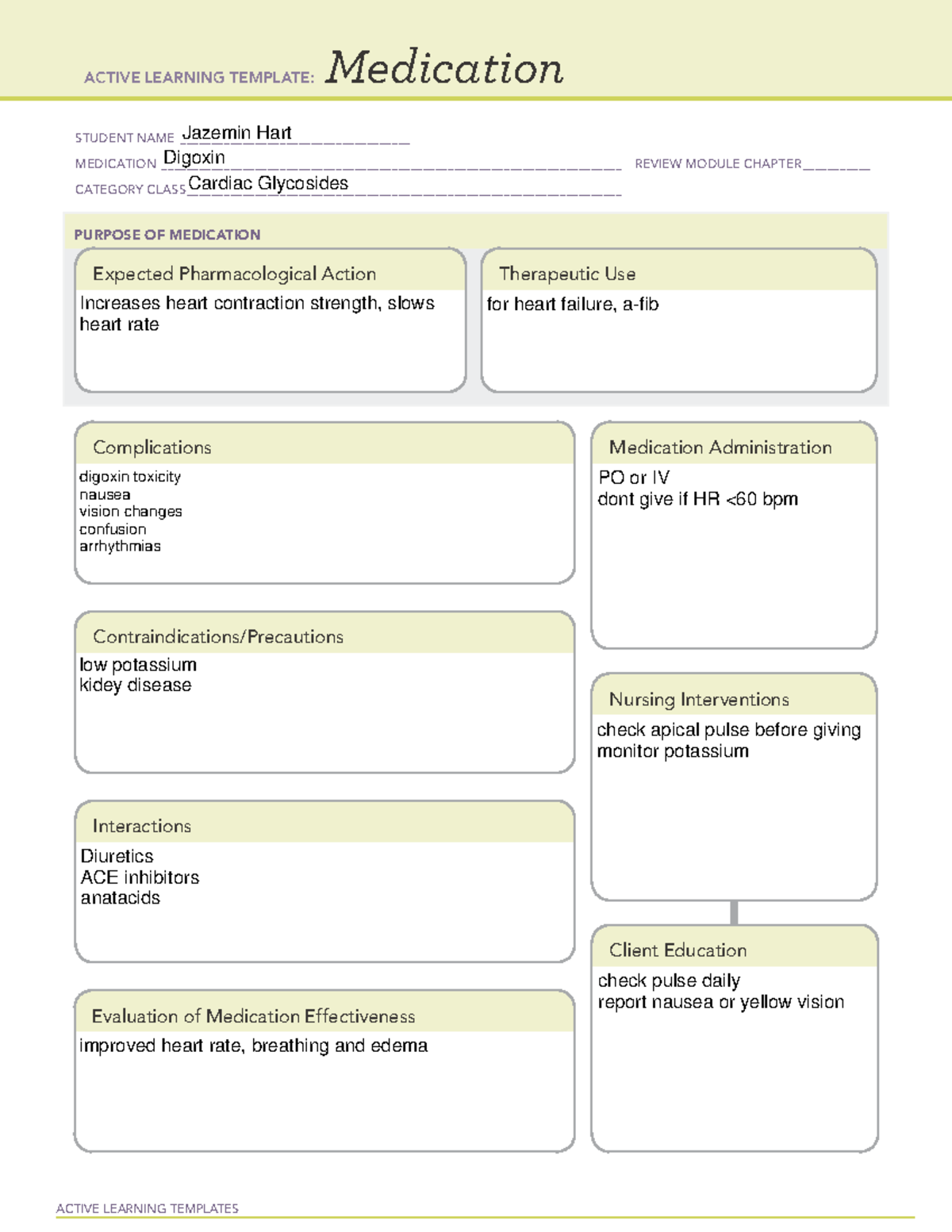 Digoxin - meds - ACTIVE LEARNING TEMPLATES Medication STUDENT NAME ...