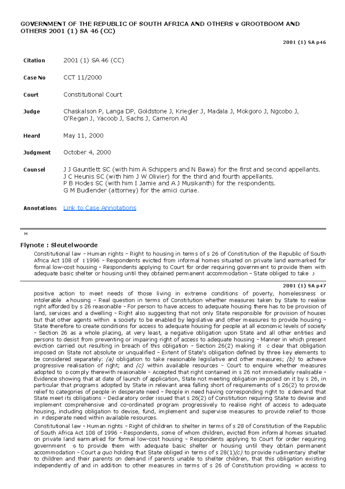 GROOTBOOM v GOV OF SOUTH AFRICA: Constitutional Rights & Housing Issues ...