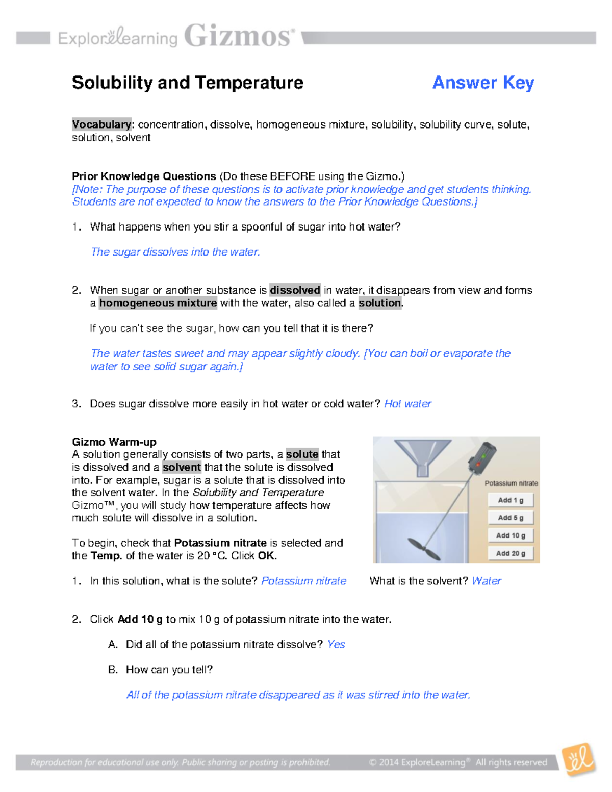 Solubility and Temperature Answer Key for Chemistry 101 - Studocu