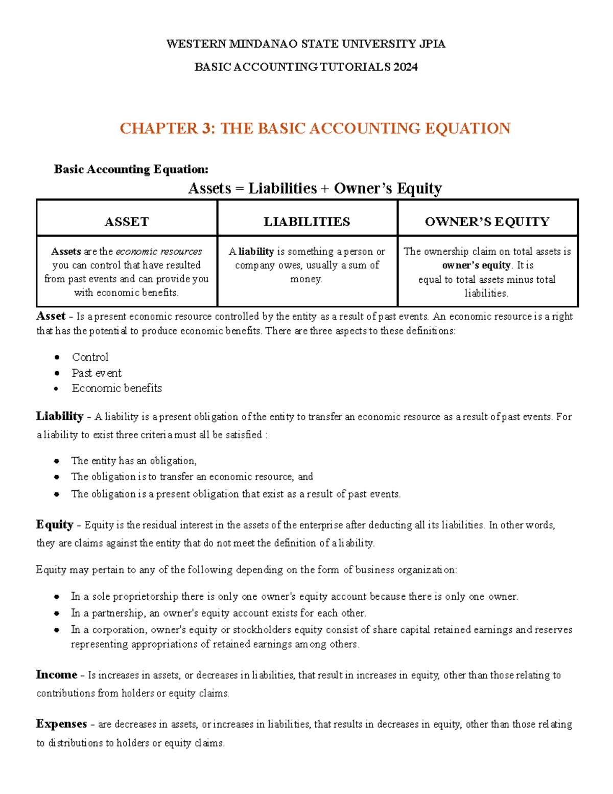 Handout Chapter 3 - Understanding the Basic Accounting Equation - Studocu
