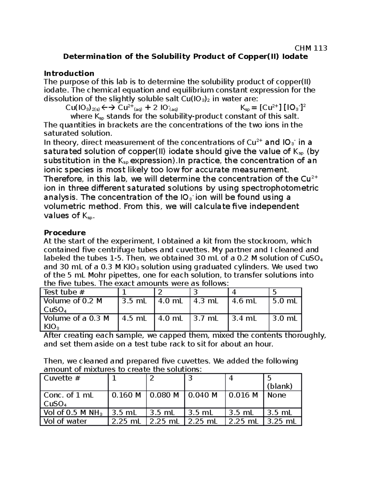 Determination of Ksp of Copper(II) Iodate: CHM 113 Lab Report - Studocu