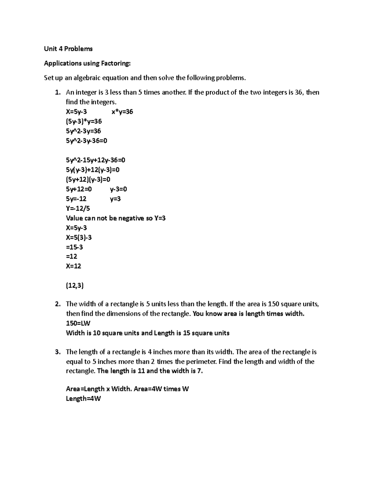 Biel MA109 Unit4 - Unsure - Unit 4 Problems Applications using Factoring: Set up an algebraic ...