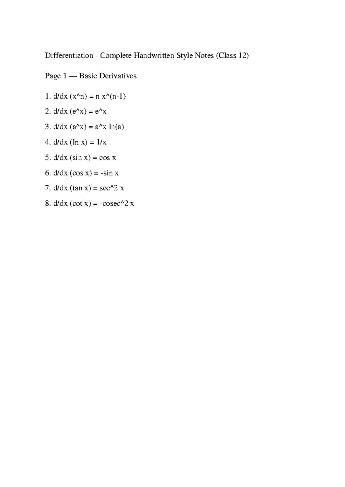 Class 12 Differentiation Complete Handwritten Notes - Studocu