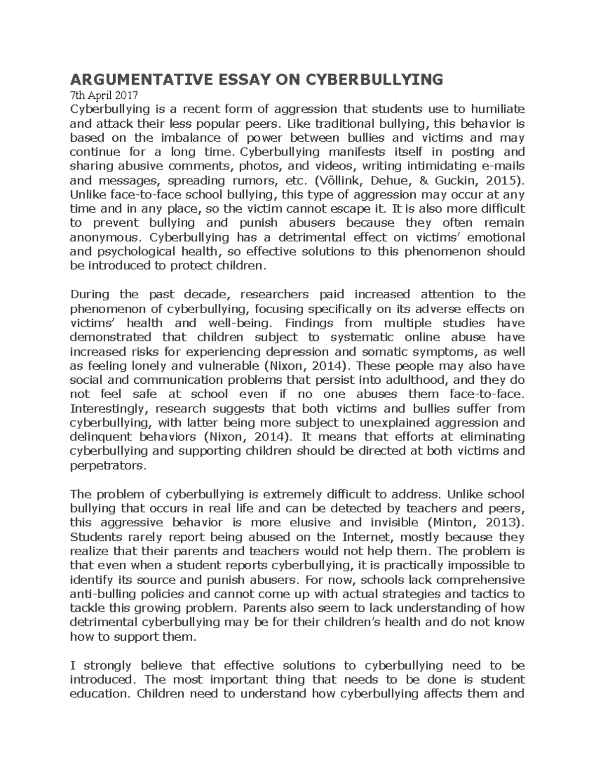 Argumentative Essay ON Cyberbullying - ARGUMENTATIVE ESSAY ON ...