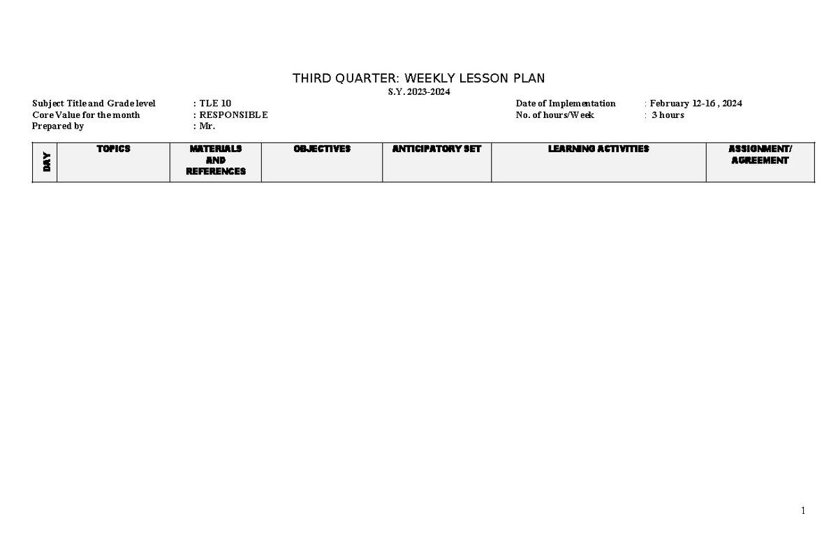 TLE 10: Weekly Lesson Plan on Attractions & Activities Industry - Studocu