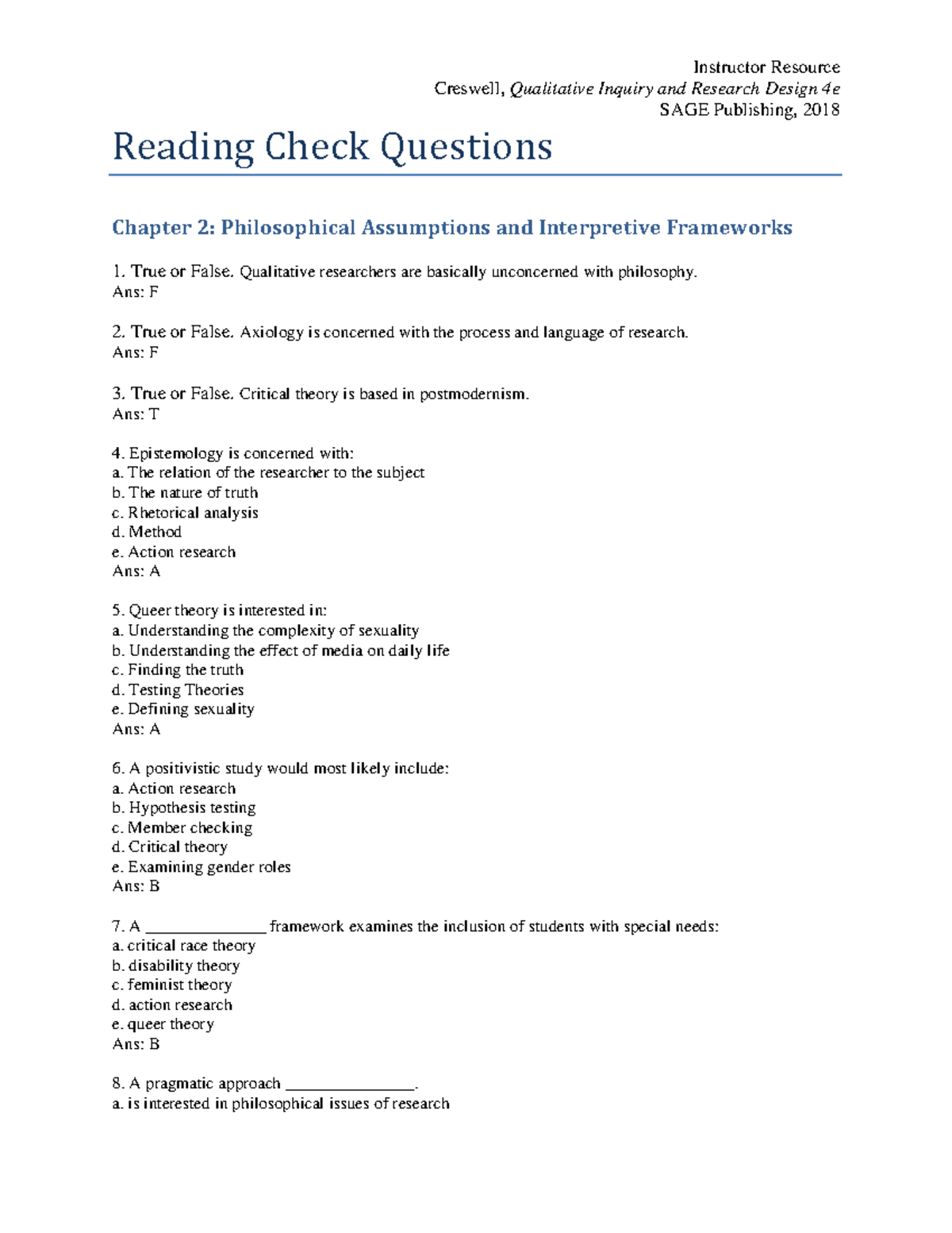 CRESWELL: Qualitative Research Methodology Testbank - Reading Check ...