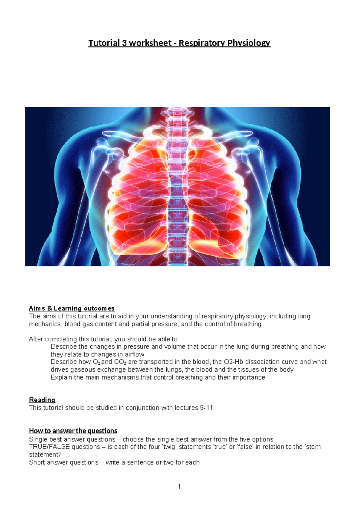 Tutorial 3 Worksheet: Understanding Respiratory Physiology - Studocu