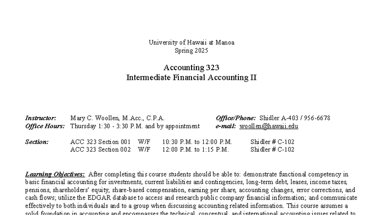 ACC 323 Syllabus: Intermediate Financial Accounting II - Spring 2025 ...