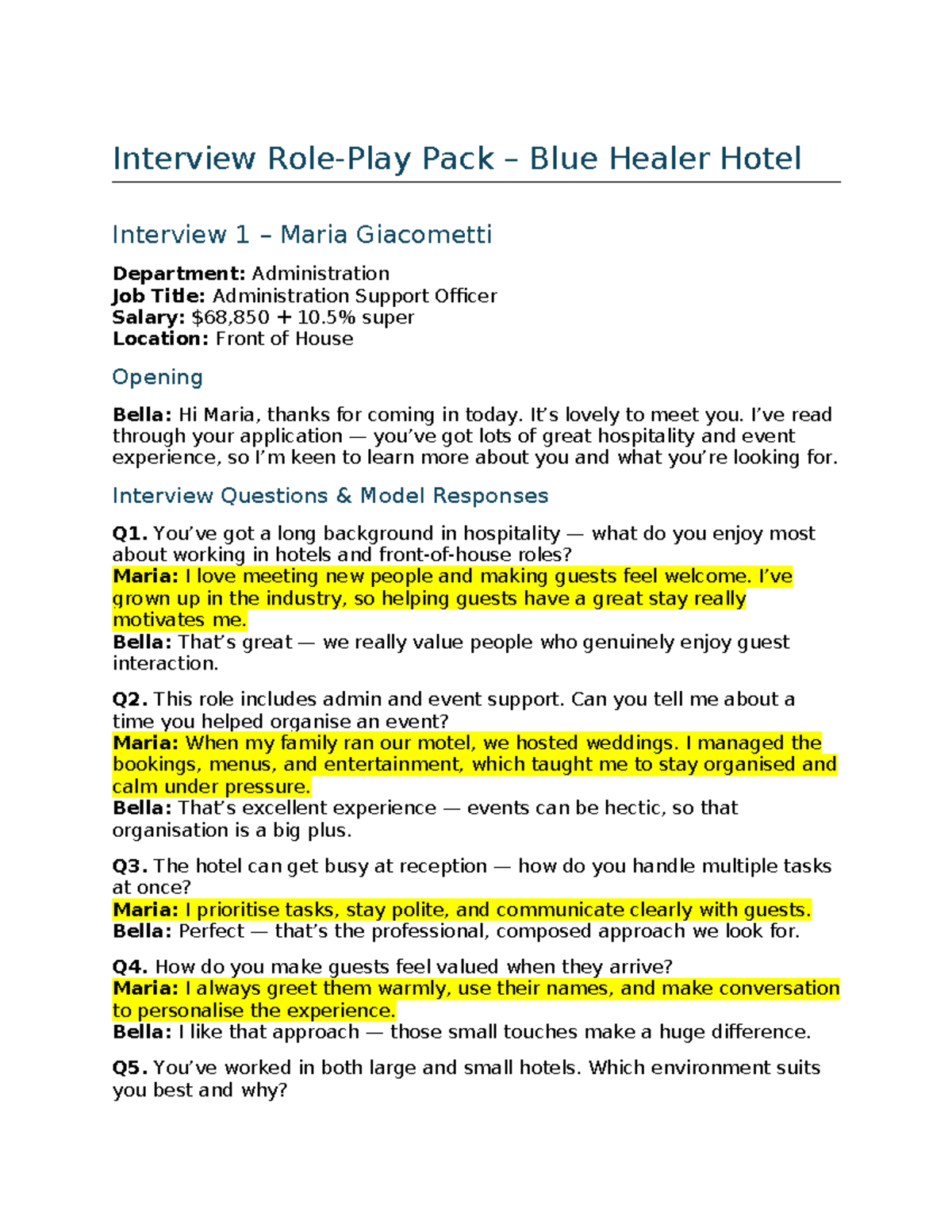 Interview Roleplay Pack: Blue Healer Hotel Interviews - Studocu