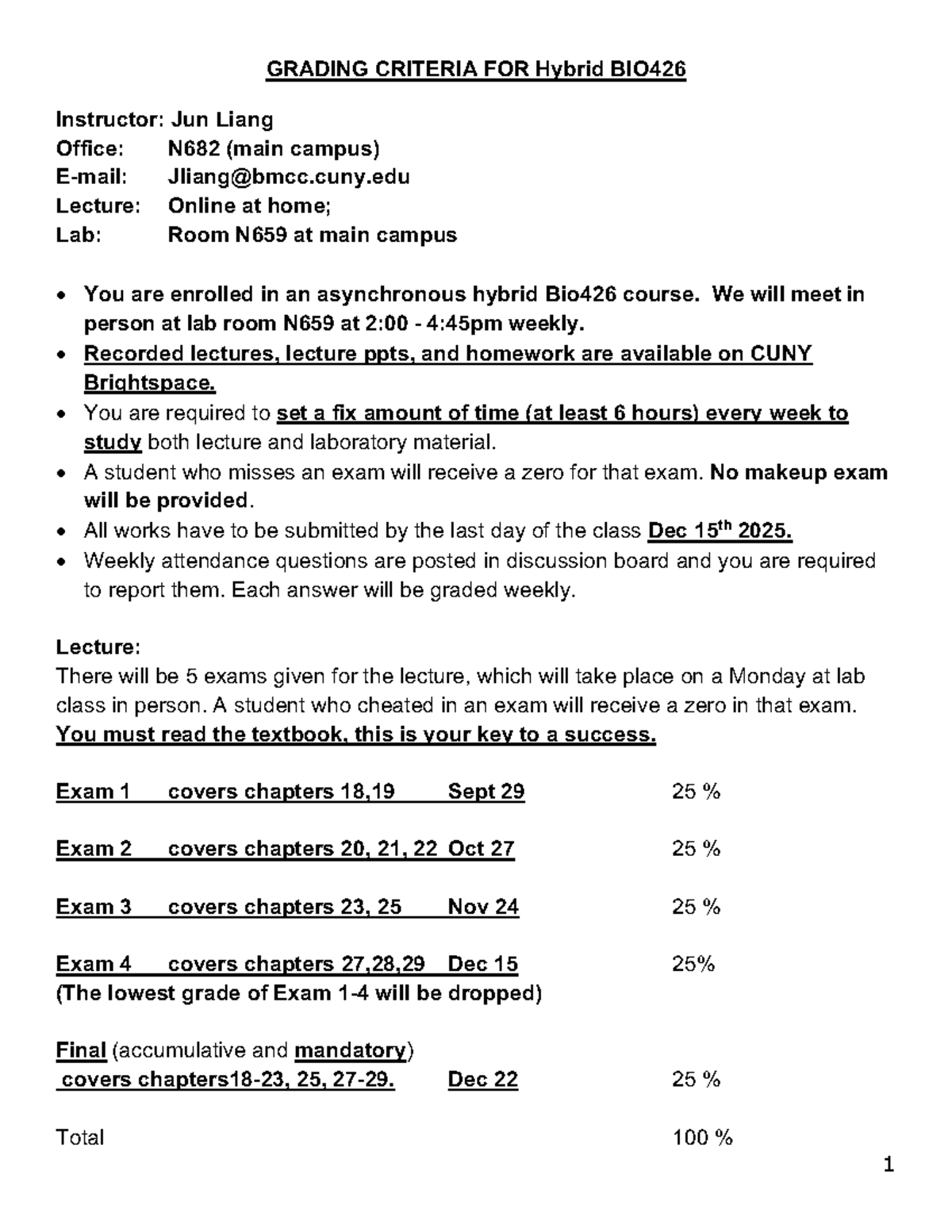 Hybrid BIO426 Grading Criteria & Exam Schedule - Fall 2025 - Studocu