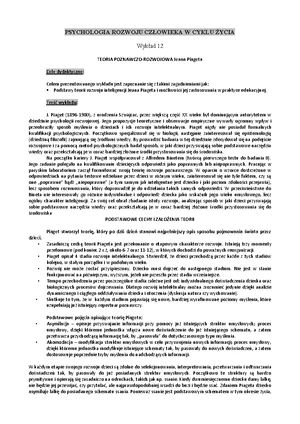 WYKŁAD 12. Teoria Rozwoju Poznawczego Jeana Piageta - PSYCHOLOGIA ROZWOJU CZŁOWIEKA W CYKLU ...