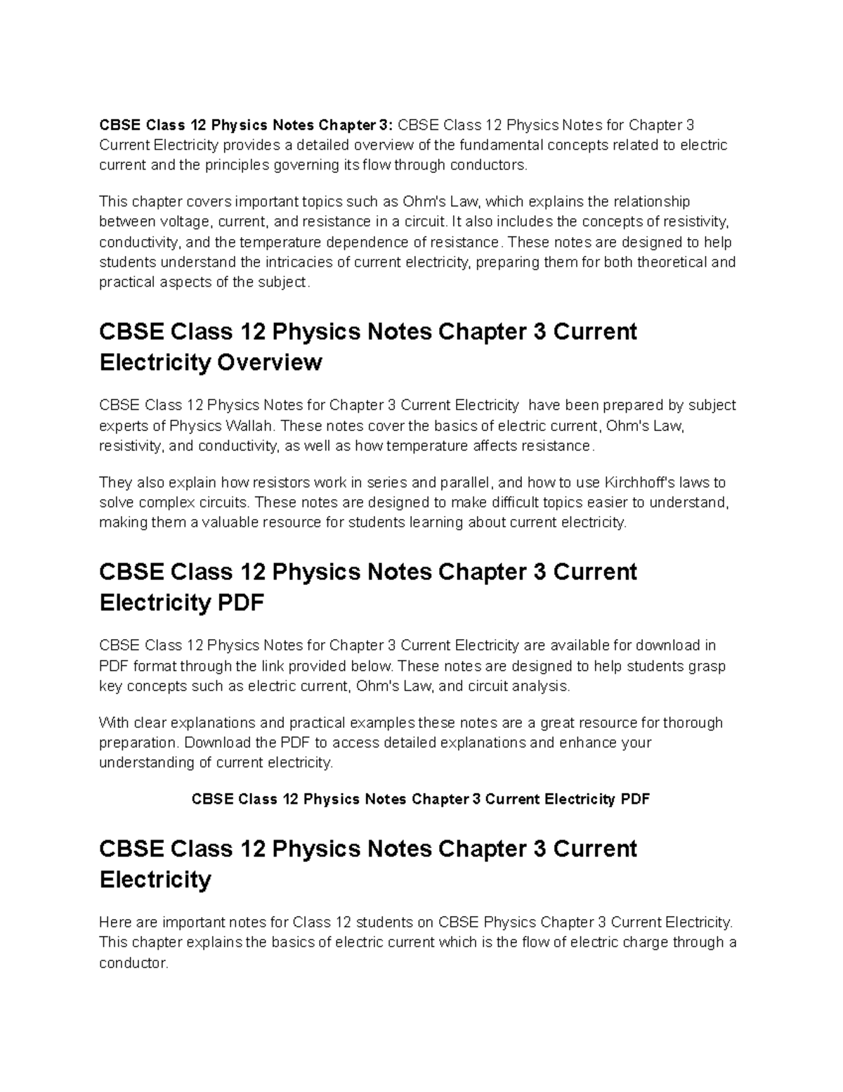CBSE Class 12 Physics Notes: Chapter 3 - Current Electricity Overview ...