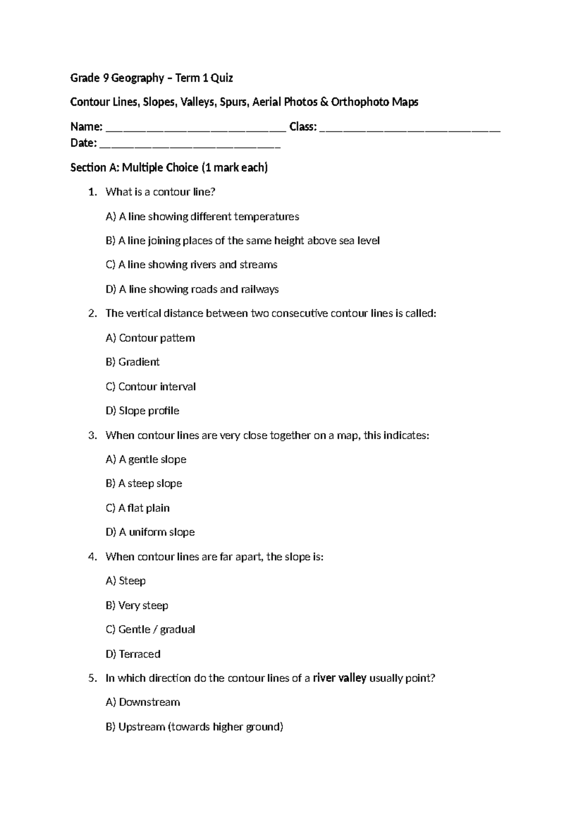 Grade 9 Geography Term 1 Quiz: Contour Lines & Aerial Photos - Studocu