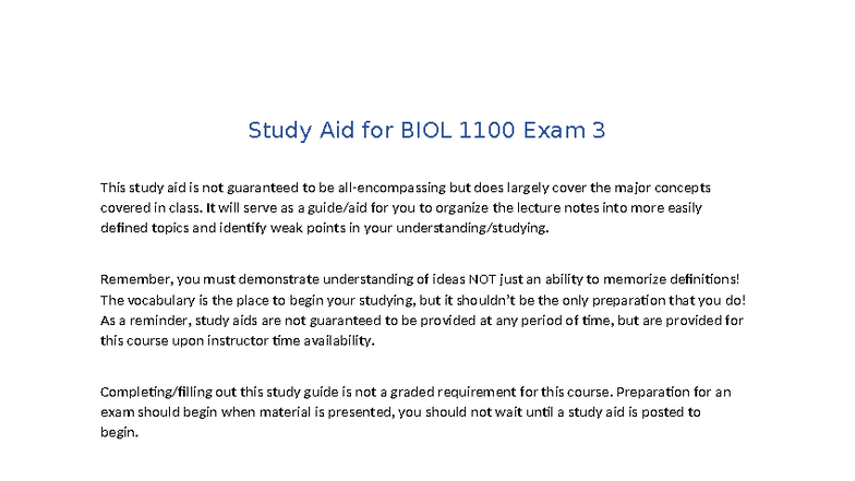 BIOL 1100 Study Aid for Exam 3: Key Concepts & Topics FA25 - Studocu