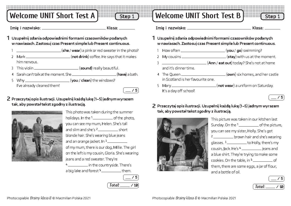 Brainy Klasa 8 - Welcome Unit Short Tests Step 1 - Studocu