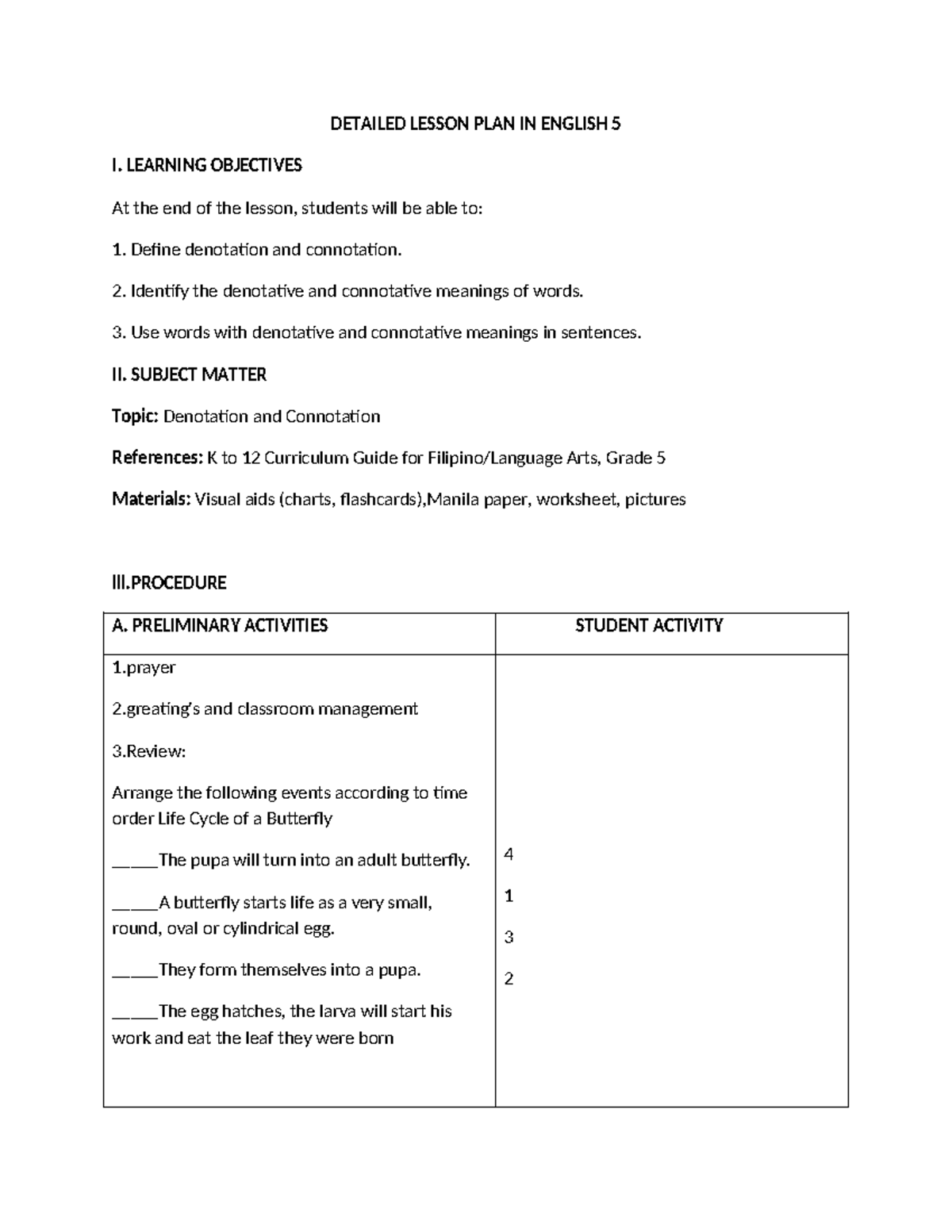 Detailed Lesson Plan: Denotation & Connotation - English 5 - Studocu