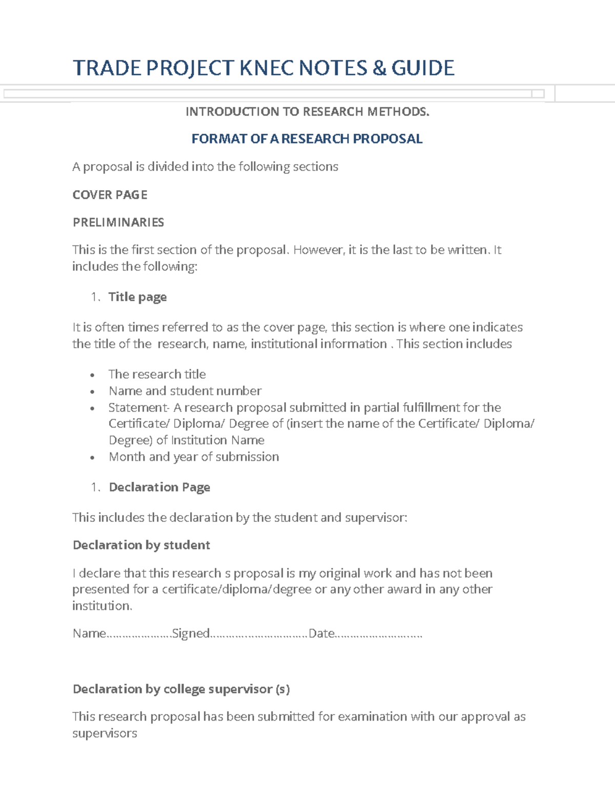 KNEC 1DK Trade Project Guide: Research Methods & Proposal Format - Studocu