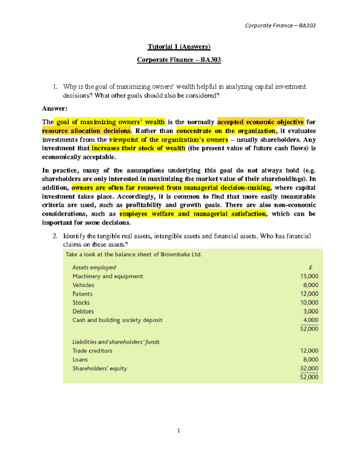 Tutorial 1 - Solution - Corporate Finance – BA 1 Tutorial 1 (Answers ...